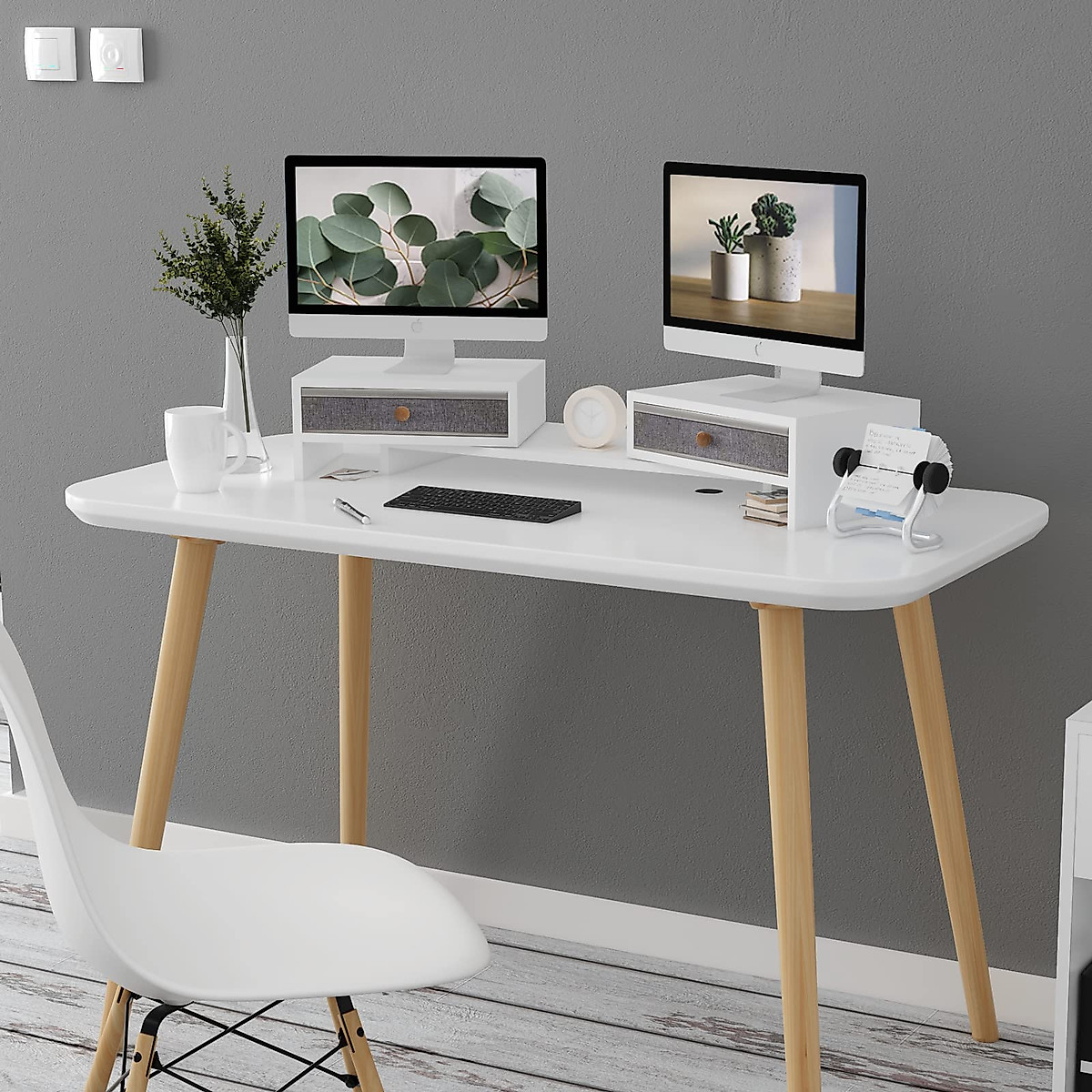 LAPTAIN Dual Monitor Stand Riser with 2 Drawers, Screen Stand with Adjustable Length and Angle, Desktop Organizer Stand for Laptop Computer/TV/PC