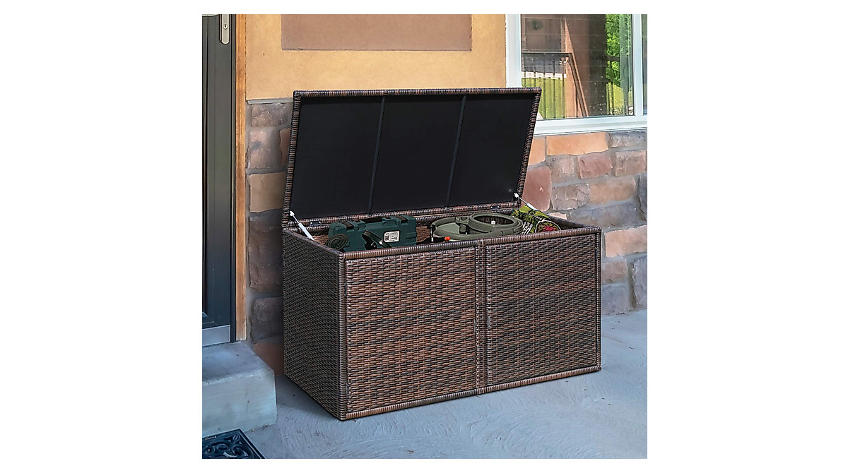 Tangkula Outdoor Wicker Storage Box, Garden Deck Bin with Steel Frame ...