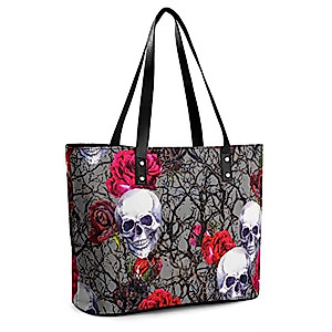 Womens Handbag Skulls Rose Flowers Leather Tote Bag Top Handle Satchel Bags For Lady
