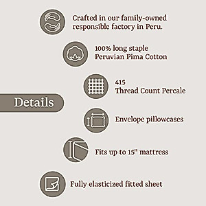 Peru Pima 415 Thread Count Percale Sheets - 100% Peruvian Pima Cotton - Hotel Luxury Quality, Extra Soft and Cooling Sheets - White Solid Color - Full Size - 4 Piece Bed Sheet Set