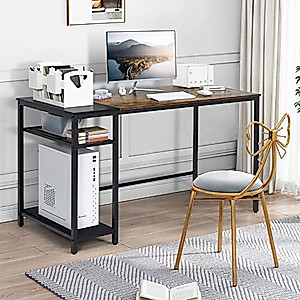 COSTWAY Industrial Home Office Desk, 55” Reversible Computer Desk w/Splice Tabletop & 2-Tier Storage Rack, Study Writing Desk w/Heavy-Duty Steel Frame & Adjustable Mesh Shelf, Black + Rustic Brown