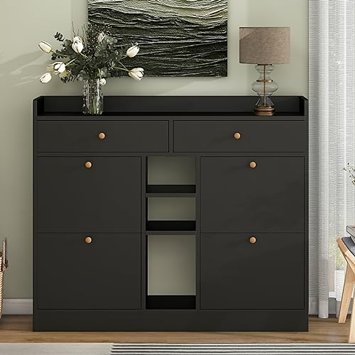 PrimaevalColossus Modern Shoe Cabinet for Entryway, Freestanding Shoe Rack Storage Organizer with Drawers, Wood Shoe Storage Cabinet with 4 Flip Drawers for Entryway Bedroom Living Room, Black