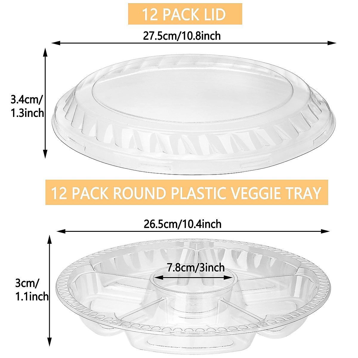 12 Pack Round Plastic Veggie Tray with Lid Fruit Tray 6 Divided Compartment Container Food Serving Dip Platter Reusable Catering Trays for Veggie Fruit Snack Party and Buffet Trays（Clear，10inch）