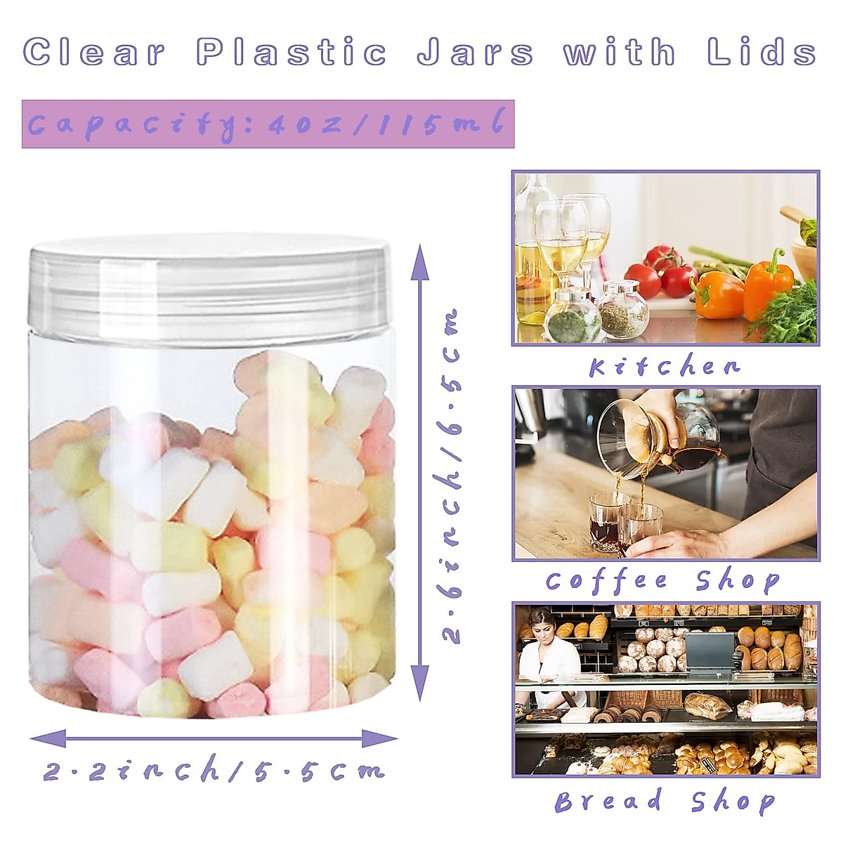 20 Pack 4oz Clear Plastic Jars with Lids,Wide-Mouth Refillable Storage Containers,Empty Round Containers for Candy,Beads,Lotion,Slime Making and Food Storage