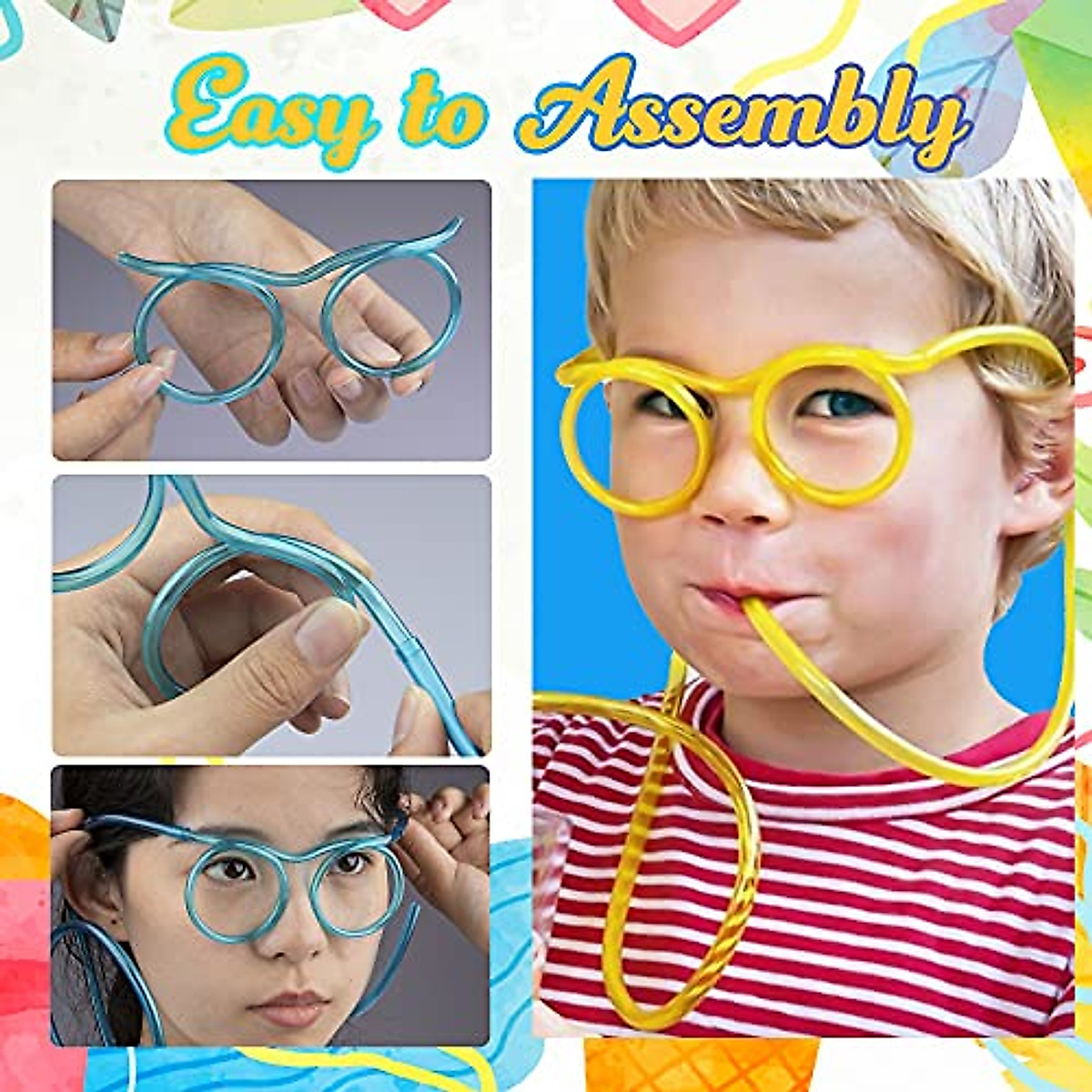 MOTZU 4 Pieces Silly Straws, Novelty Flexible Soft Drink Eyeglasses, Fun Party Drinking Straw Eye Glasses, Crazy Funky Drinking Tube For Party Supplies, Children Kids Birthday (Random Color)