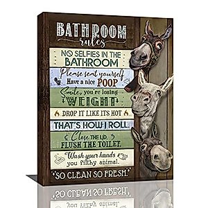 Funny Bathroom Decor Wall Art Donkey Bathroom Rules Wall Decor Rustic Farmhouse Bathroom Signs Canvas Painting Print Bathroom Pictures Decor Artwork Framed Bath Laundry Toilet Home Decoration 12"x16"