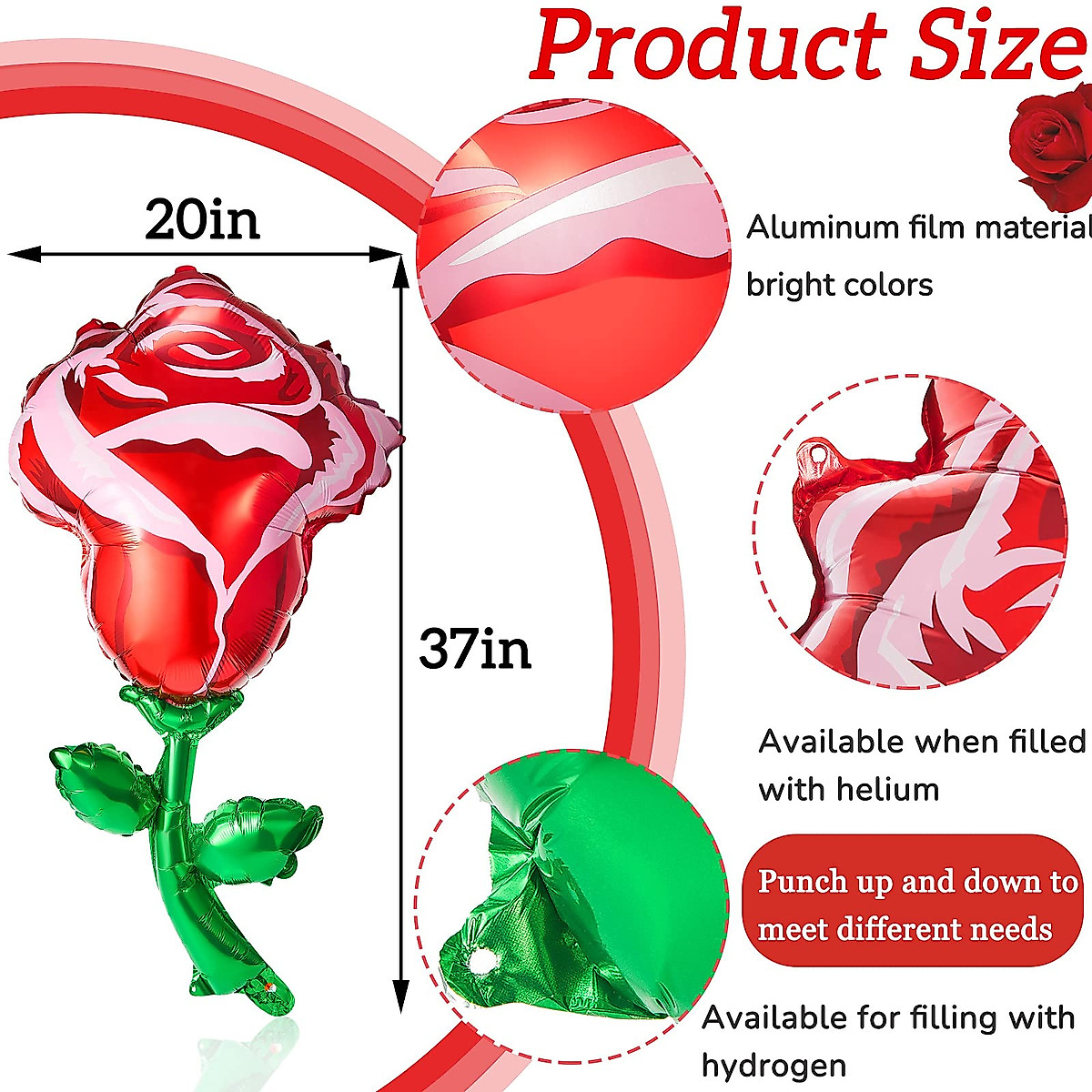 6 Pieces 37 Inch Valentines Day Balloon Rose Flower Balloons Red Rose Shaped Foil Balloon Rose Foil Balloons for Wedding Valentine's Day Graduation Birthday Baby Shower Party Decoration