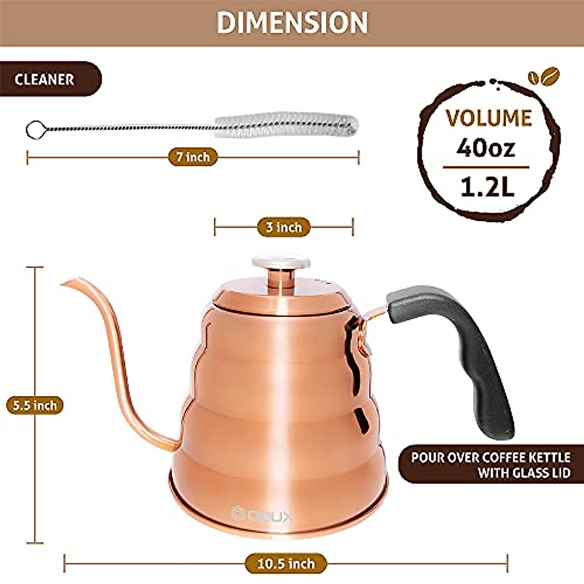 OPUX Pour Over Coffee Kettle with Gooseneck | Stainless Steel Coffee Tea Kettle with Thermometer 40 oz, Stovetop Induction Goose Necked Kettle Slow Pour Drip Spout (1.2 Liter, 40 fl oz) Copper