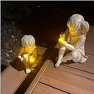 Large Garden Children Statues Light Up Firefly Jar Solar Powered | Set of 2 Figurines | Girl & Boy Garden Yard Art Décor, Indoor & Outdoor Ornament Gifts for Lawn, Patio, 7.5" W x11.8”H Cream…