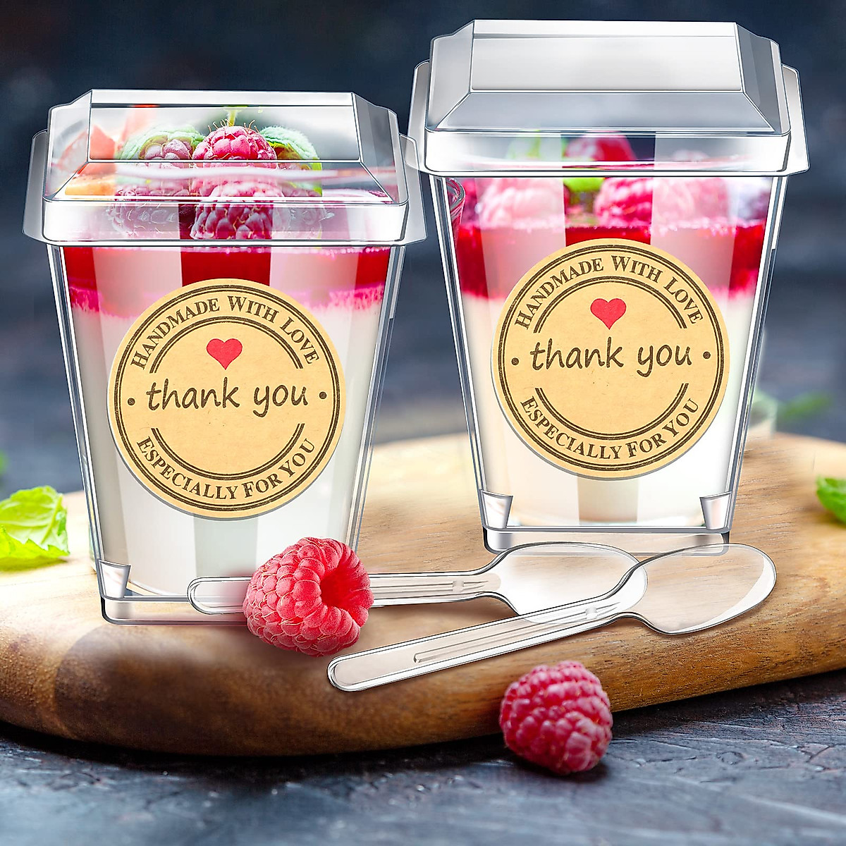 Sieral 50 Packs 5 oz Clear Plastic Dessert Cups with Lids, Spoons Sheets Stickers, Small Square Parfait Appetizer Cups, Party Shooter Serving Cups, Mini Dessert Shot Glasses for Tasting