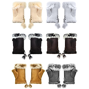 SATINIOR 6 Pairs Women Faux Rabbit Fur Gloves Fingerless Winter Gloves Mittens Warm Gloves Stretchy Hand Wrist Warmers (Classic Color)