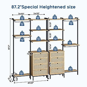 98.04 Inches Closet System, Large Wall Mount Wardrobe Cabinet Clothes Storage and Organizer Heavy-Duty Garment Rack Walk-in Clothes Rack with 8 Natural Rattan Drawers for Bedroom and Walk in Closets