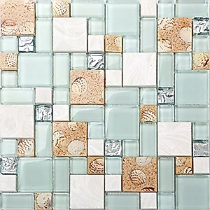 Glass Stone Mosaic Polished Beach Style Backsplash French Pattern Green Lake & White Bathroom Wall Tiles (5 Square Feet)