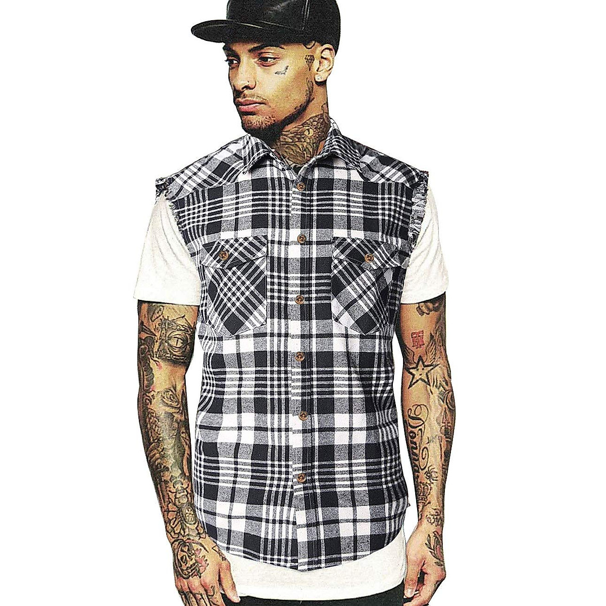 NUTEXROL Men's Casual Flannel Plaid Shirt Sleeveless Cotton Plus Size Vest X-Large Black and white