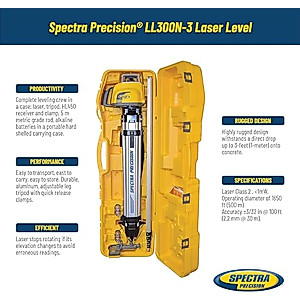 Spectra Precision LL300N-3 Laser Level, Self Leveling Kit with HL450 Receiver, Clamp, 4.7 Meter Grade Rod / Metric and Tripod , Black