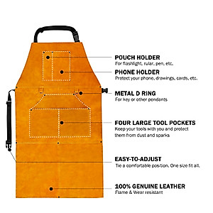 LIZMOF Welding Apron& Sleeves, Leather Apron for Men& Women, Woodworking Apron for Blacksmith, Heat & Flame Resistant Tool Apron, Heavy Duty Cowhide Leather Work Apron, 23" x 39.6"