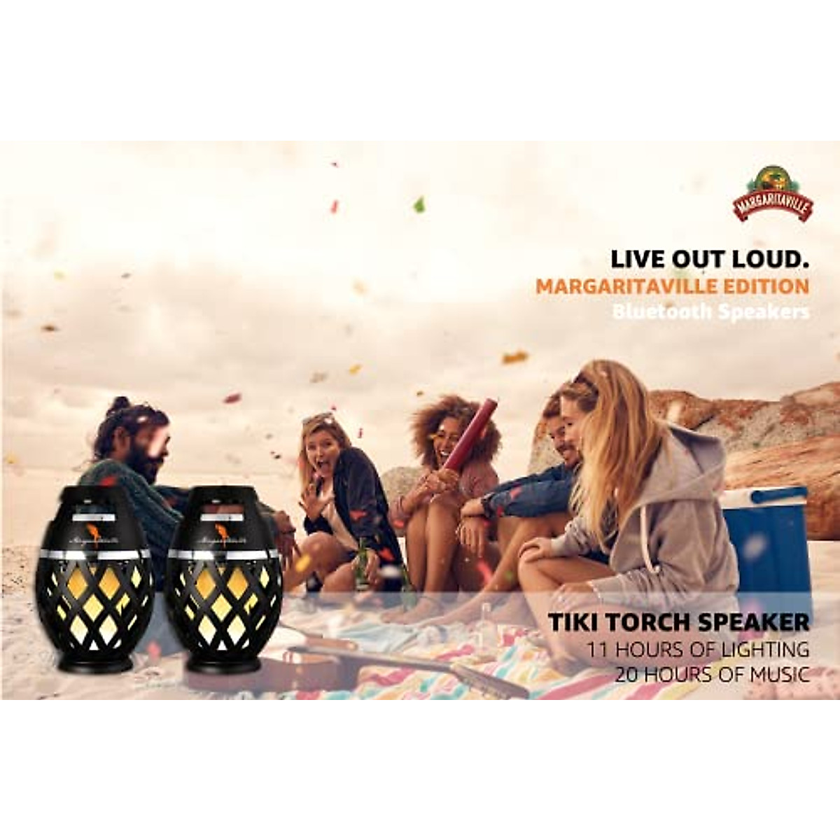 Margaritaville Tiki Torch - Waterproof Bluetooth Speaker, Portable Party Speaker with Flickering LED Lights, Perfect for Travel, Parties, Yards, and Pools (2 Pack)