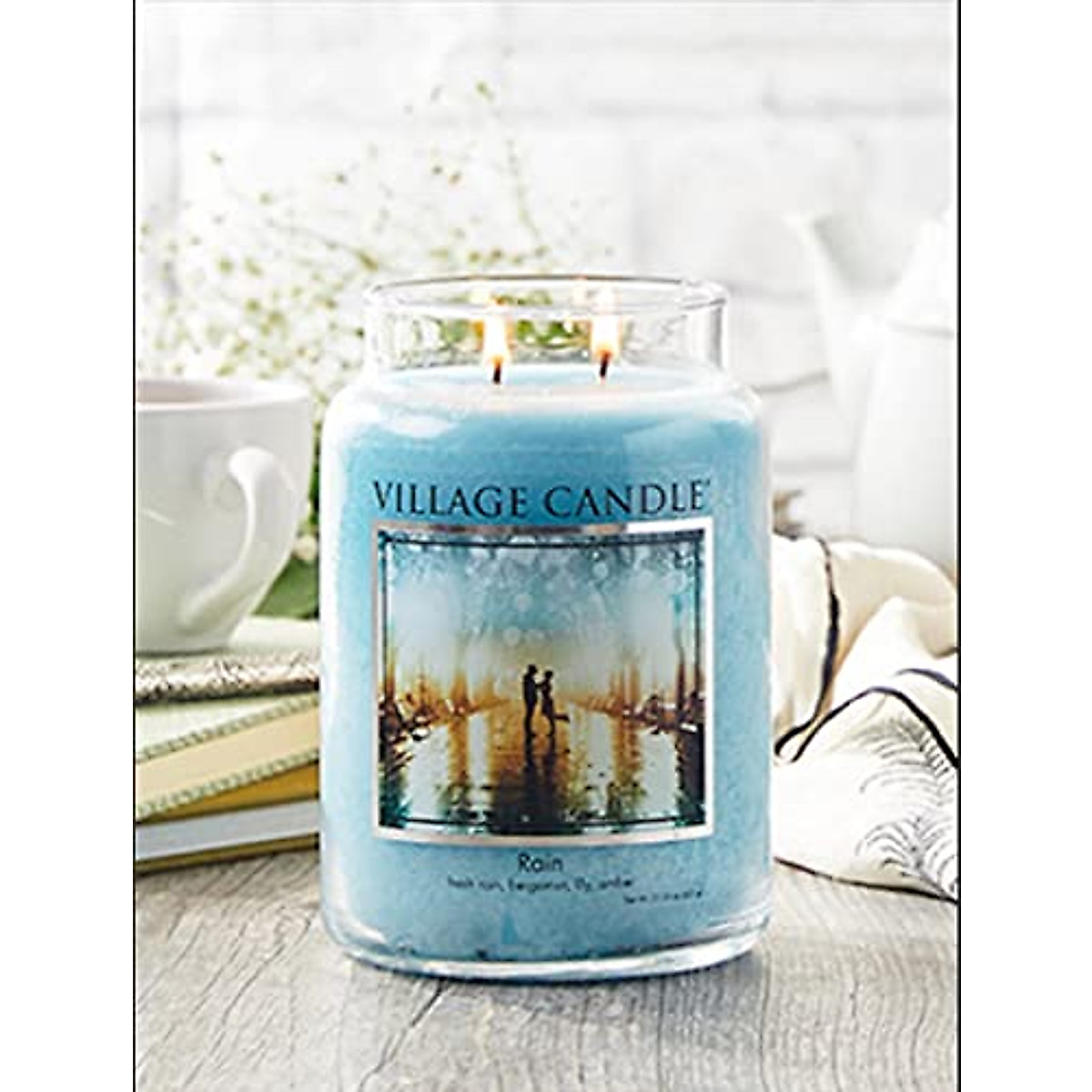 Village Candle Rain Large Glass Apothecary Jar Scented Candle, 21.25 oz, Blue