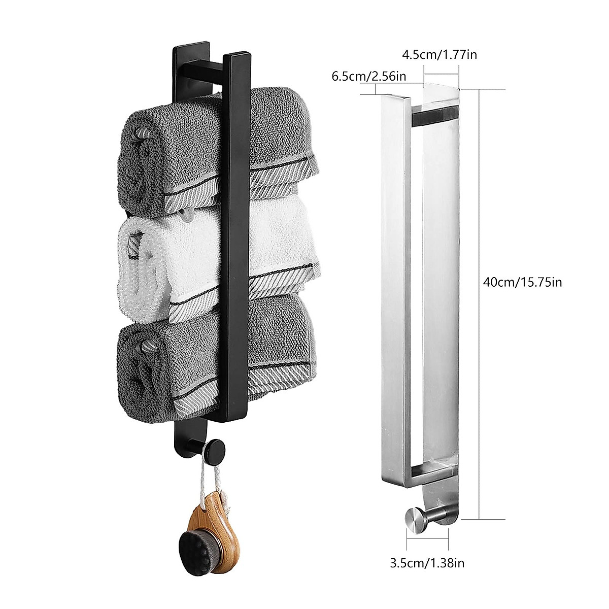 Towel Bar,15.75in Towel Holder Wall Mounted Stainless Steel Towel Rack Thicken 2.5in No-Drill Towel Rack with 1 Hook for Bathroom Matte Black (Black)