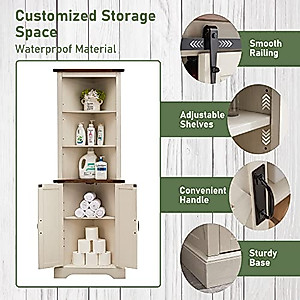 OKD Tall Corner Cabinet, Farmhouse Storage Cabinet with Barn Door Design & Adjustable Shelves, Home Space Saver for Bathroom, Living Room, Laundry Room, Rustic Oak with Antique White