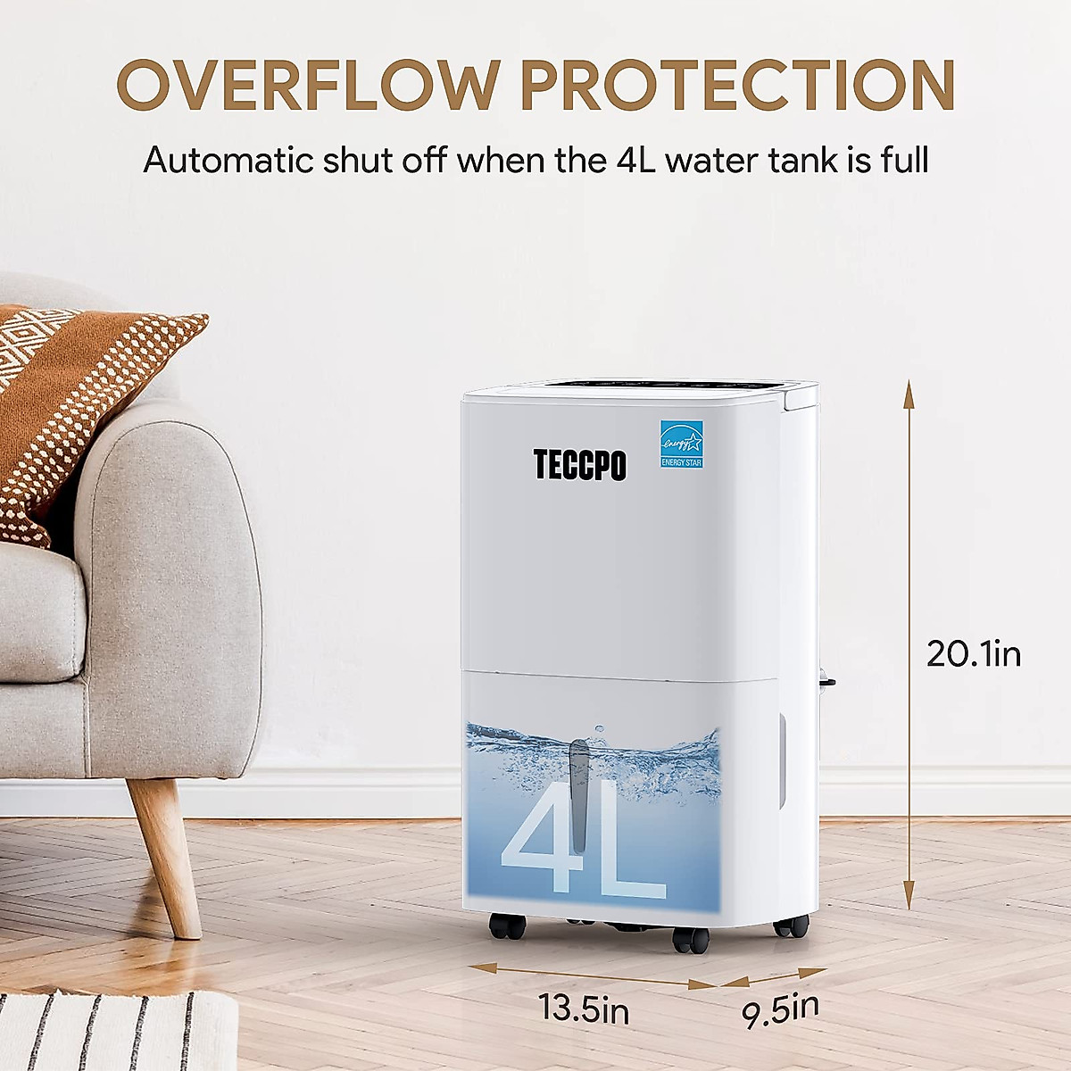 TECCPO 3500 Sq.Ft Dehumidifier, 35 Pint Dehumidifier for Home and Basements, Intelligent Humidity Control, Continuous Draining