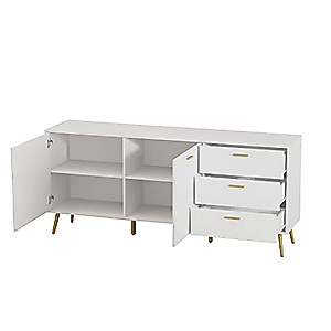 Homsee Sideboard Cabinet with 3 Drawers & 2 Doors, Modern Kitchen Buffet Storage Console Cabinet with Metal Legs for Living Room, Dining Room & Entryway, White (69”L x 15.6”W x 30”H)