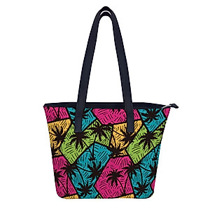 Colorful Palm Trees Women's Tote Bag PU Leather Shoulder Bag Handbags Purse For Work Shopping Travel