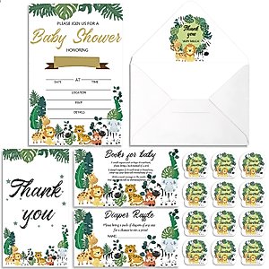 Fumete 50 Sets Woodland Baby Shower Invitations, Diaper Raffle Tickets, Baby Shower Book Request Cards with Envelopes, Invited Stickers Jungle for Baby Shower Boy