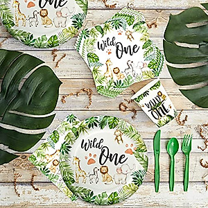 FVABO Wild One Birthday Decorations Tableware - Safari Birthday Decorations Including Plates, Cups, Napkins, Tablecloth, Straws, Cutlery, Animal Jungle Theme Wild One Party Supplies | Serve 24