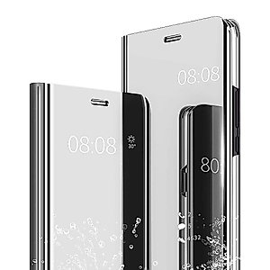 AIsoar Compatible/Replacement fit Galaxy J7 2018 Case, Cover Mirror Smart Clear View Window Flip Case Slim Multi-Function Mirror Case S-View Stand flip Folio Full Body Protection Cover (Silve
