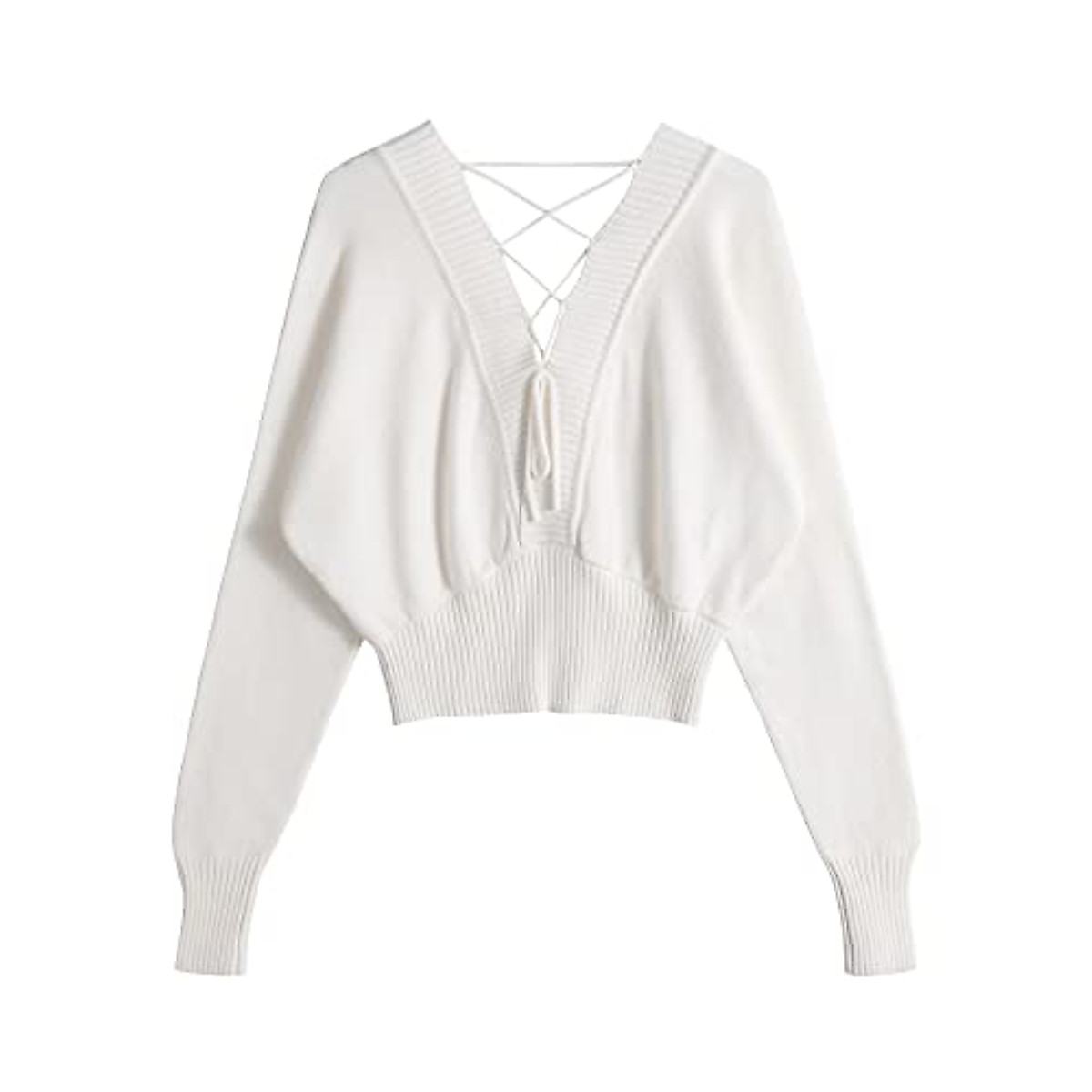 ZAFUL Women's Crop Sweater V Neck Long Sleeve Button Knit Cropped Ribbed Drawstring V Backless Pullover Jumper A-White