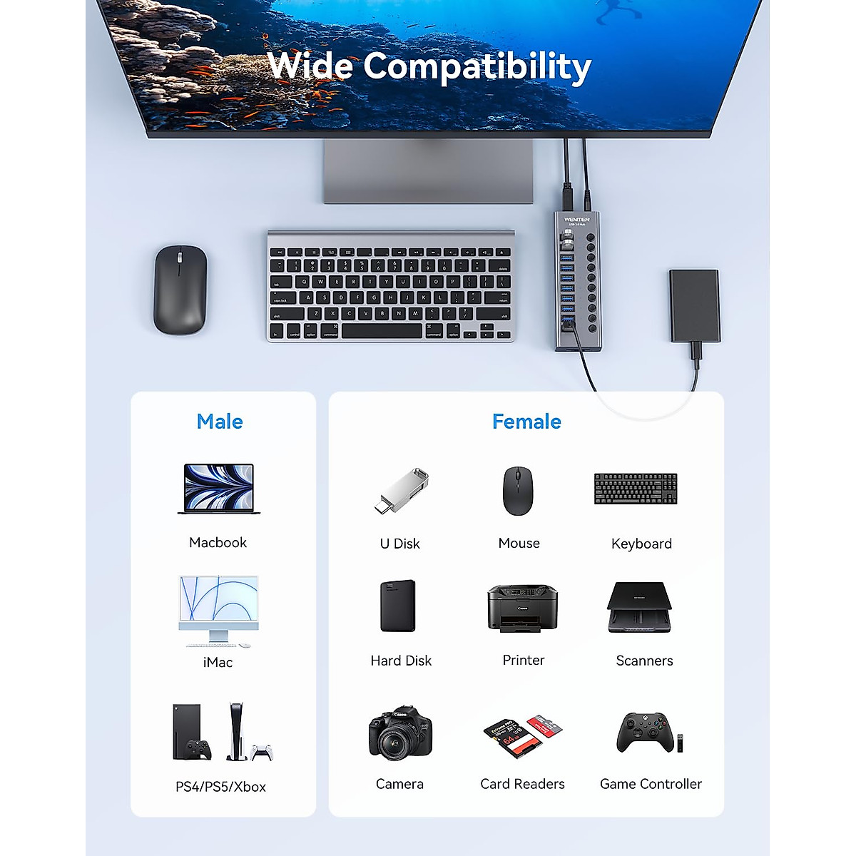 Powered USB 3.0 Hub, Wenter 10 Ports 36W Powered USB Hub, Aluminum USB Splitter with Individual On/Off Switches, SD/TF Card Readers and 12V/3A Power Adapter for PC/Laptops/MacBook Pro/Air/iMac/iPad