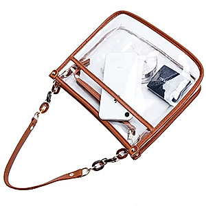 KKXIU Fashion Clear Crossbody Purse for Women and Teen Girls Stadium Approved PU Leather Concert Bag with Adjustable Strap (Brown)