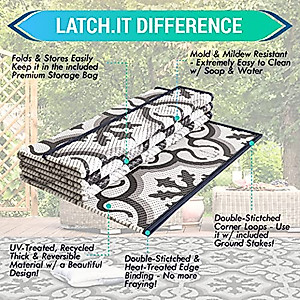 LATCH.IT RV Outdoor Rugs 9x12 | Reversible RV Outdoor Mat Camper Rugs | Camping Outdoor Rugs | The Perfect RV Patio Mat for Any Situation & Includes Portable Small Trash-Can!