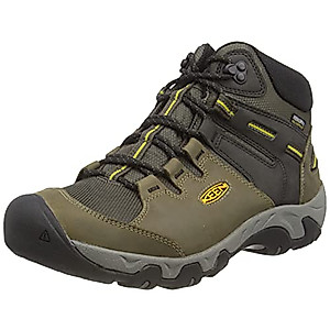 KEEN Men's Steens Mid Height Leather Waterproof Hiking Boots, Black Olive Yellow, 8.5