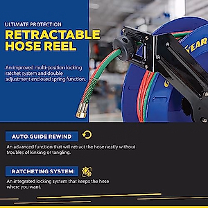 Goodyear Welding Hose Reel Retractable 1/4" Inch x 50’ Foot Twin Oxygen Acetylene Rubber Hoses STD Duty Max 300PSI Heavy Duty Industrial Single Arm Construction