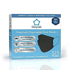 125-Pack Litepak Disposable Face Mask Premium Comfort Earloops with Dispenser Box (Black)