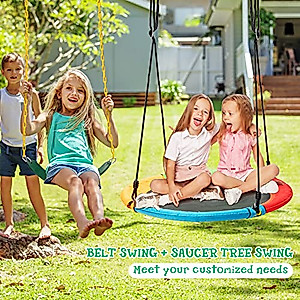LDAILY 2-Pack Swing Sets, Belt Swing & Saucer Tree Swing w/Adjustable Ropes, 2 Hanging Ways & Easy Setup, Multifunctional Swing Toy Set for Patio, Playground, Backyard