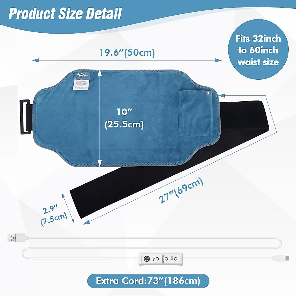 Hilph USB Heating Pad for Low Back and Stomach Pain Relief, Portable 5V 2A Car Travel Back Lumbar Heating Pad with Straps, Warm Therapy for Cramps, Sciatica Pain, Waist (Not Chargeable)