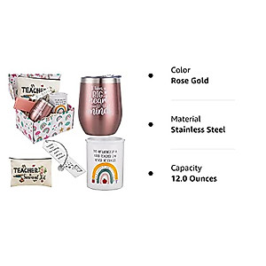 Hereman's Teacher Appreciation Gift Sets -Basket for Women, Back to School Gift, Christmas 12oz Wine Tumbler, Bookmarks, Ceramic Pen Holder, Pouch Bag, Rose Gold