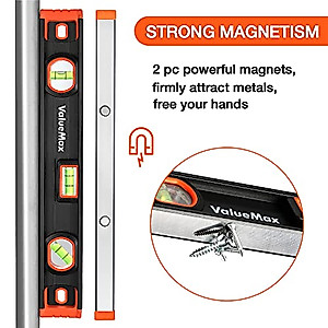 ValueMax 16-Inch Torpedo Level, Magnetic Leveler Tool with 3 High-visibility Bubbles 45°/90°/180°, Overhead Viewing Window, Rubber Endcaps, Aluminium Body, Bubble Level for Home Outdoor Measurements