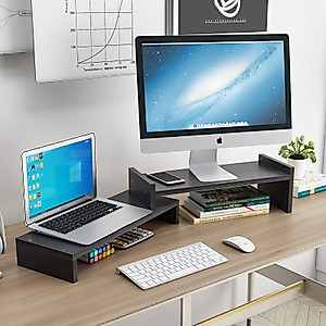 hodiczk Dual Monitor Stand Riser with Adjustable Length and Angle, Double Monitor Riser, Wood Desktop Storage Rack Organizer for Home Office living room, Black