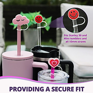 KikiAvenue 3 Piece Glow In The Dark Straw Covers Compatible With Stanley 30 & 40oz Tumbler Cups, Unique Heart, Cloud and Smiley Face Light Up Design Perfect For 9.5-10MM Straws