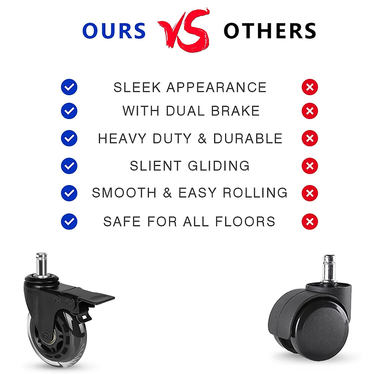 Hirate 3" Chair Casters Heavy Duty Lockable Swivel Caster Replacement Universal Stem 7/16" x 7/8" for Home Office Gaming Chairs (Pack of 5, 2 with Dual Brake & 3 Without)