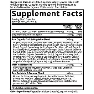 Garden of Life Zinc Supplements 30mg High Potency Raw Zinc and Vitamin C Multimineral Supplement, Vitamin Code Vitamins Trace Minerals & Probiotics for Skin Health & Immune Support, 60 Vegan Capsules