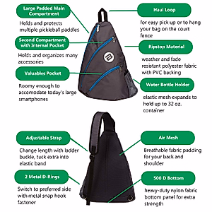 BESTA Premium Pickleball Bag. Padded Sling Bag with 3 Compartments, Water Bottle Holder and Adjustable Strap that Switches Sides. Holds Several Paddles, Balls and More. (Gray with Blue Trim)