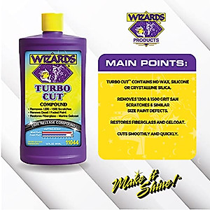 Wizards Turbo Cut Compound - Removes 1200 to 1500 Scratches - Renews, Restores and Fast Cuts Dead and Faded Paints, Gelcoat and Fiberglass - High Gloss Finish - Water Based Car Scratch Remover - 32 oz