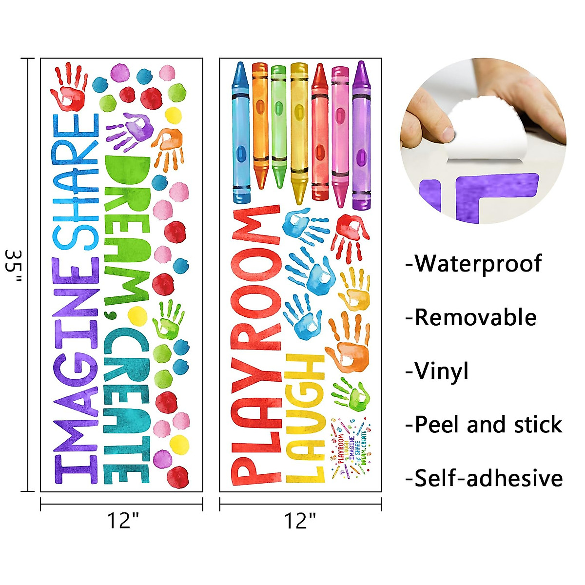 Mfault Playroom Wall Decals Stickers, Crayon Handprint Polka Dots Inspirational Quote Nursery Decorations Daycare Art, Laugh Imagine Share Dream Create Toddler Kids Room Bedroom School Classroom Decor