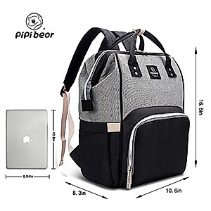 pipi bear Diaper Bag Backpack, Baby Bag for Mom Dad,Multifunction Large Diaper Backpack with Changing Pad,Water Resistant and Durable, Gray Black
