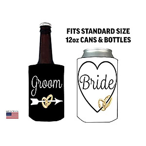 Bride and Groom Collapsible Can Bottle Beverage Cooler Sleeves 2 Pack Wedding Engagement Anniversary Gift Set